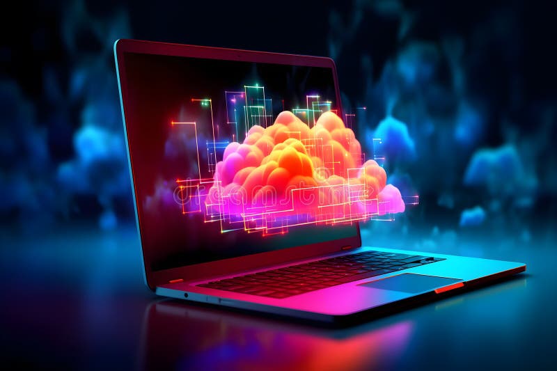 Glowing Neon Cloud Computing in 3d on Laptop Screen. Cloud Network ...