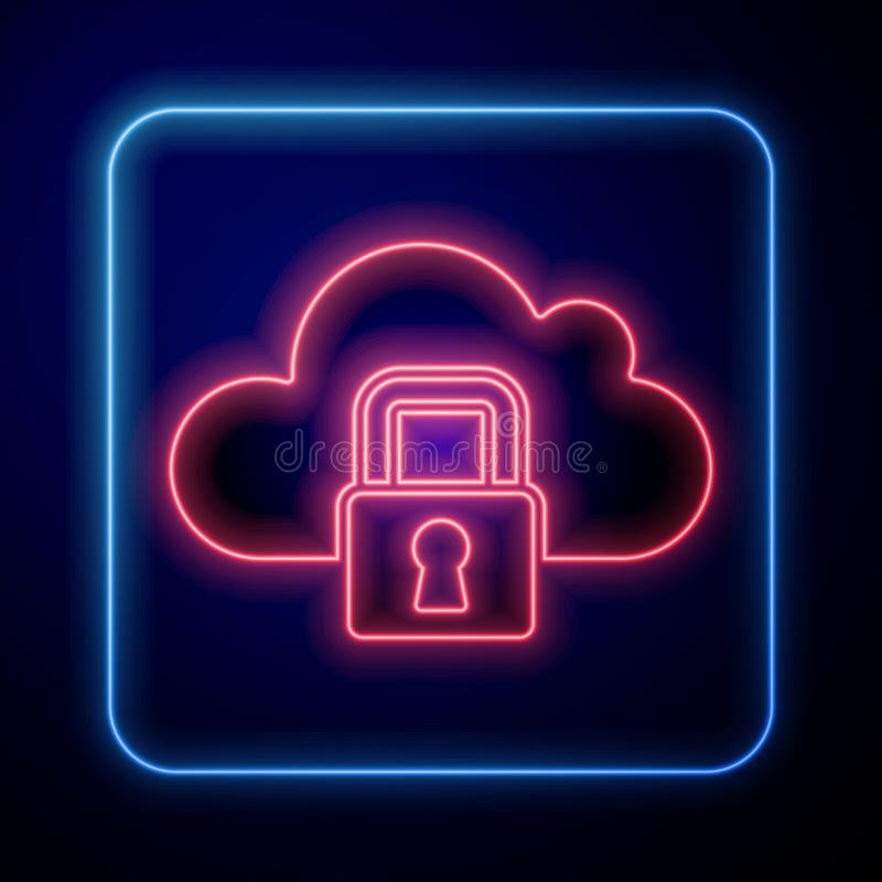 Glowing Neon Cloud Computing Lock Icon Isolated on Blue Background ... Glowing Neon Cloud Computing Lock Icon Isolated on Blue Background ...