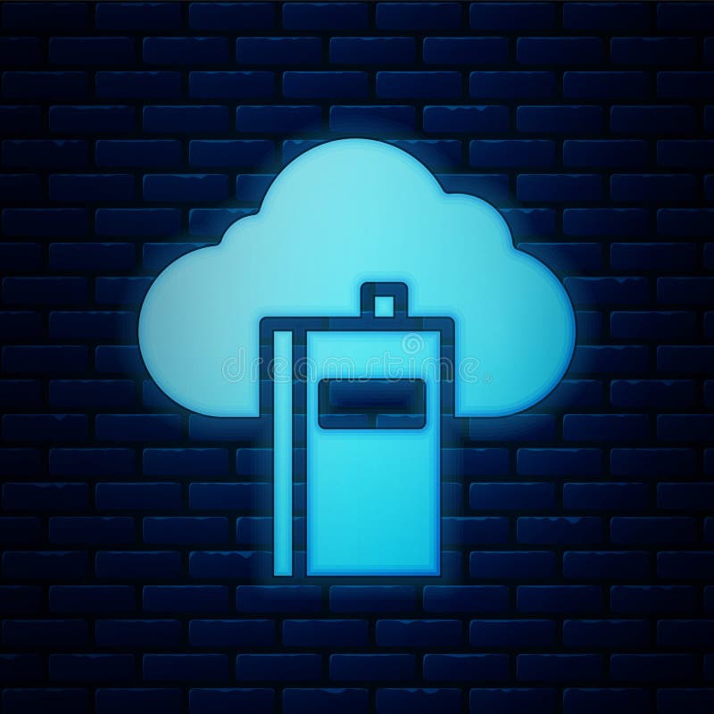 Glowing Neon Cloud or Online Library Icon Isolated on Brick Wall ...