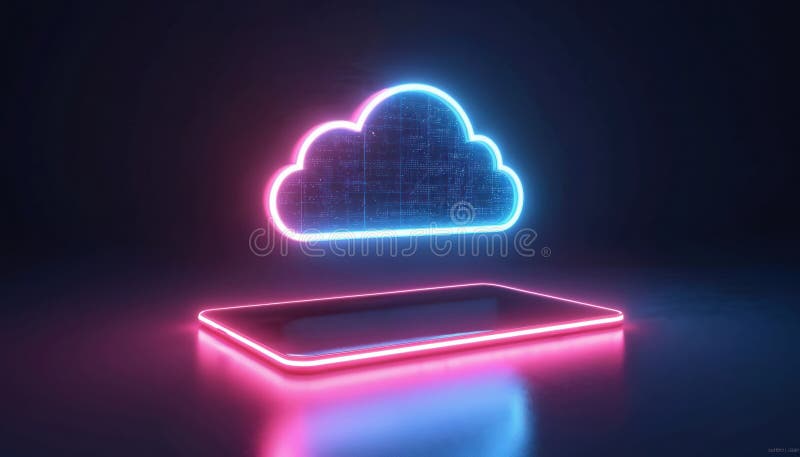Glowing Neon Cloud Symbol Hovers Over Tablet on Dark Background ...