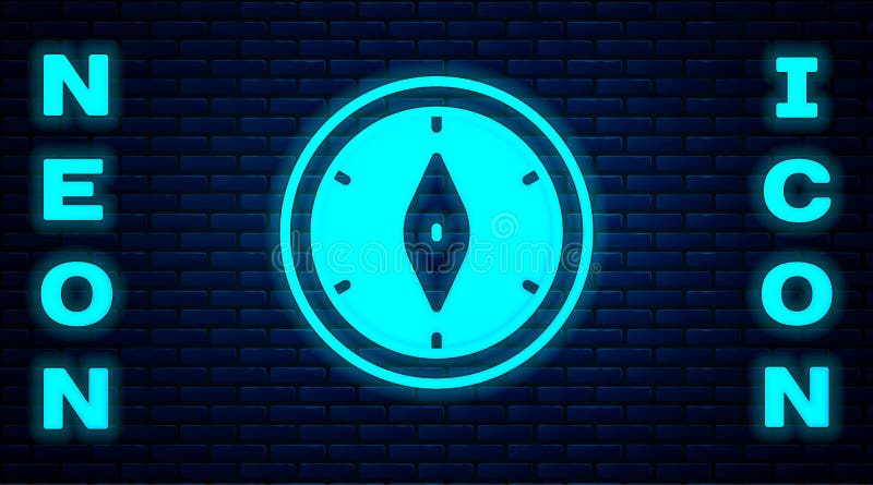 Glowing Neon Compass Icon Isolated on Brick Wall Background. Windrose ...