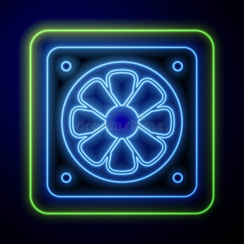 Glowing Neon Computer Cooler Icon Isolated on Blue Background. PC ...