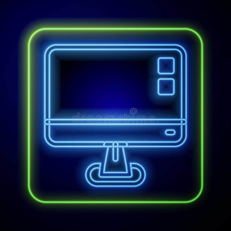 Glowing Neon Computer Monitor Screen Icon Isolated on Blue Background ...