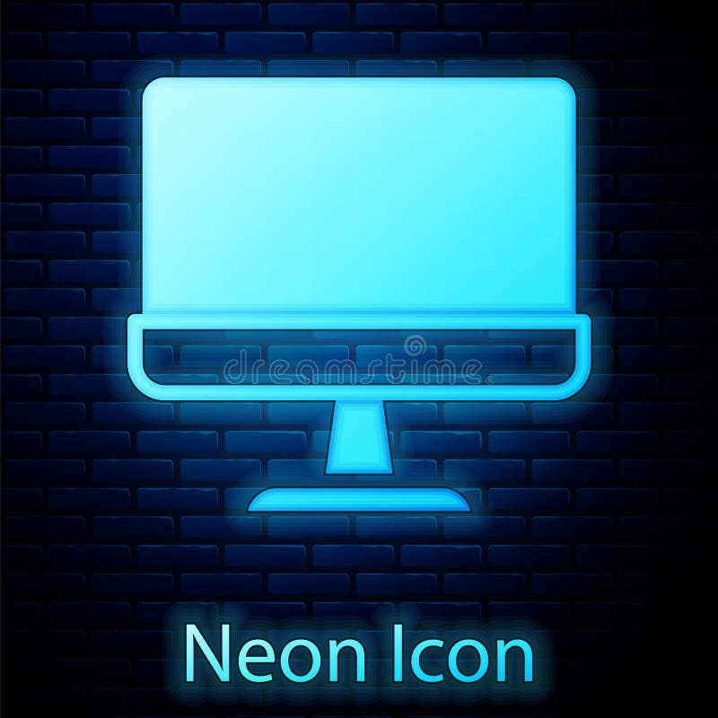 Glowing Neon Computer Monitor Screen Icon Isolated on Brick Wall ...