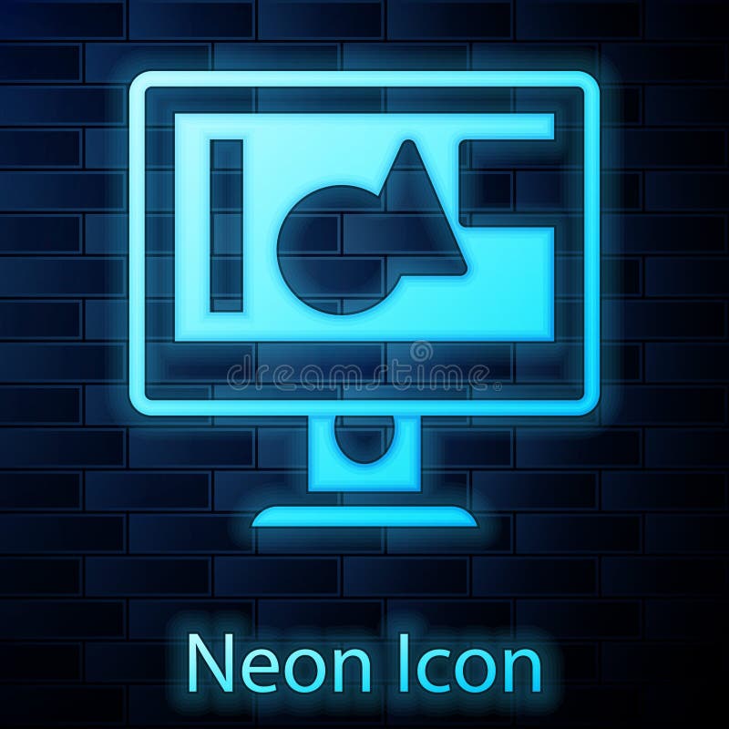 Glowing Neon Computer Monitor Screen Icon Isolated on Brick Wall ...