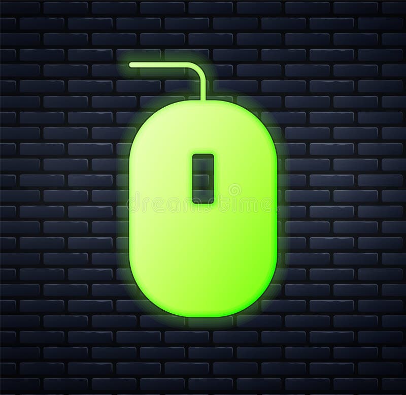 Glowing Neon Computer Mouse Gaming Icon Isolated on Brick Wall ...