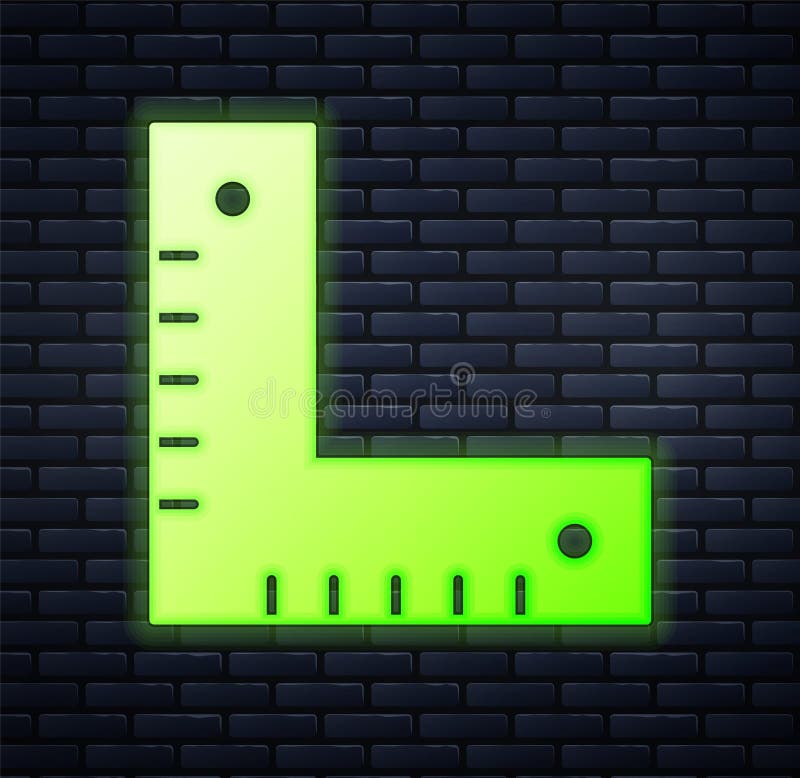 Glowing Neon Corner Ruler Icon Isolated on Brick Wall Background ...