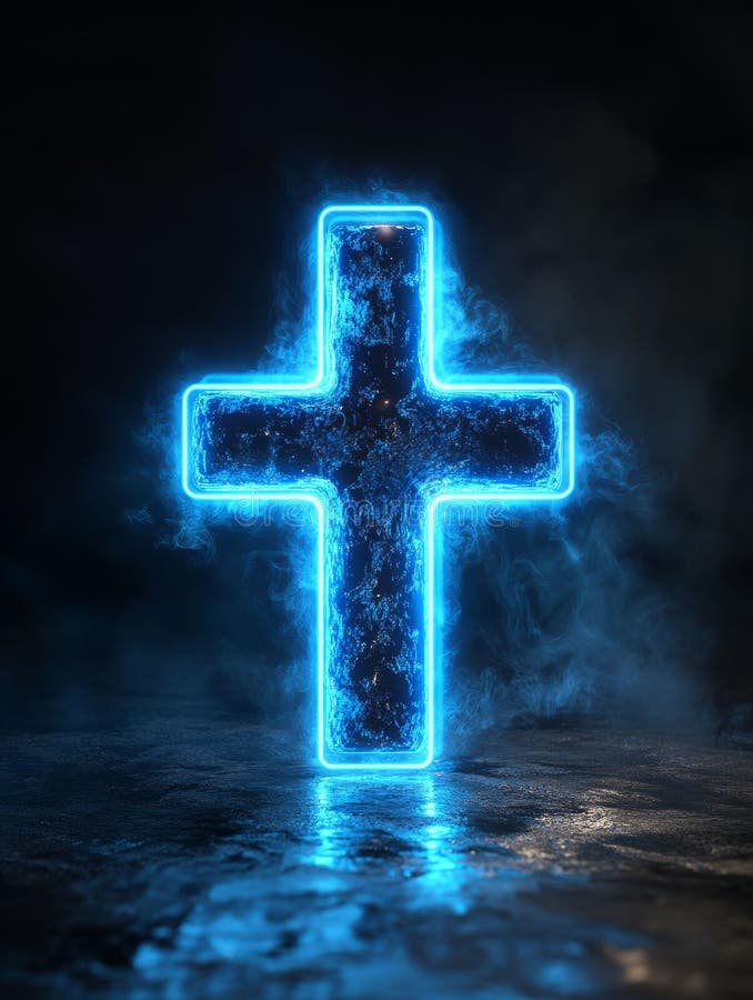 Glowing Neon Cross on a Dark Reflective Surface. Stock Photo - Image of ...