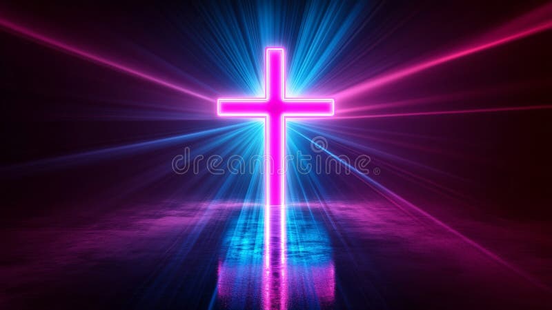 Glowing Neon Cross on Reflective Surface with Radiating Light Beams ...