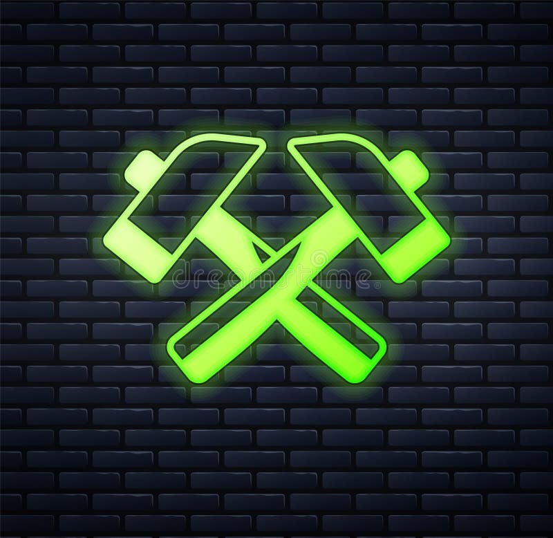Glowing Neon Crossed Hammer Icon Isolated on Brick Wall Background ...