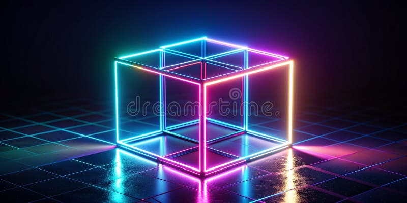 Glowing Neon Cube on a Dark Background Abstract Colorful Background AI ...