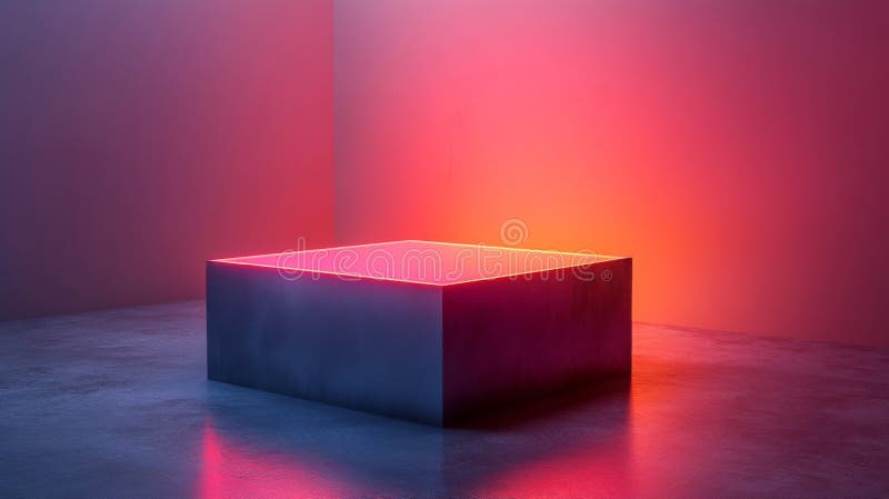 Glowing Neon Cube Illuminated on Platform in Dimly Lit Purple Studio ...