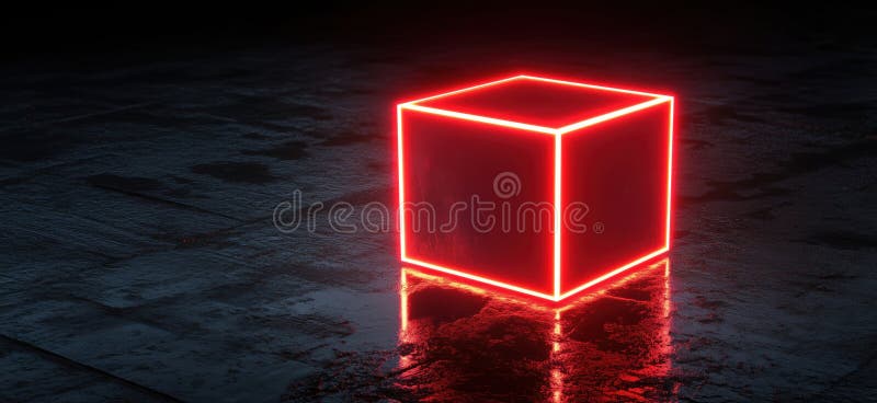 Glowing Neon Cube on Reflective Surface in Dark Environment with ...