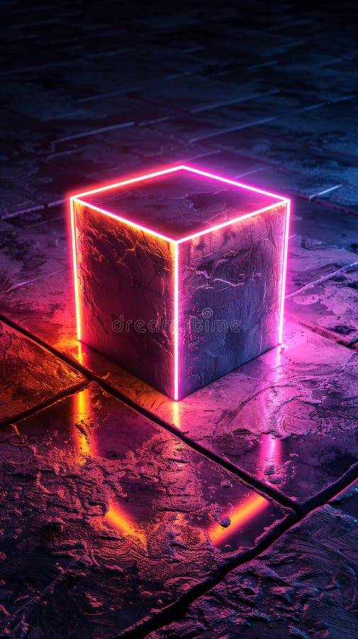 Glowing Neon Cube on a Reflective Surface, Futuristic Concept Stock ...
