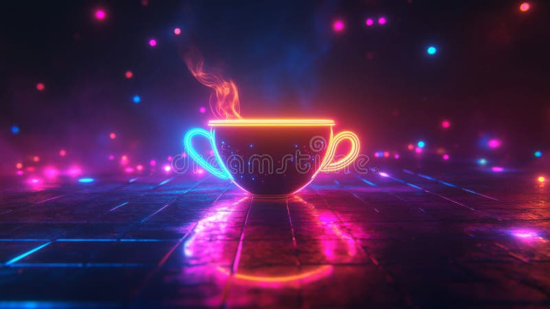 Glowing Neon Cup with Steam on Dark Reflective Surface Stock ...