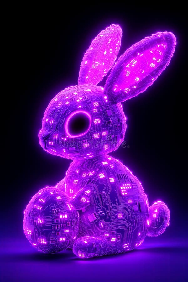 Glowing Neon Cyber Easter Bunny with Egg Made of Microchips and ...