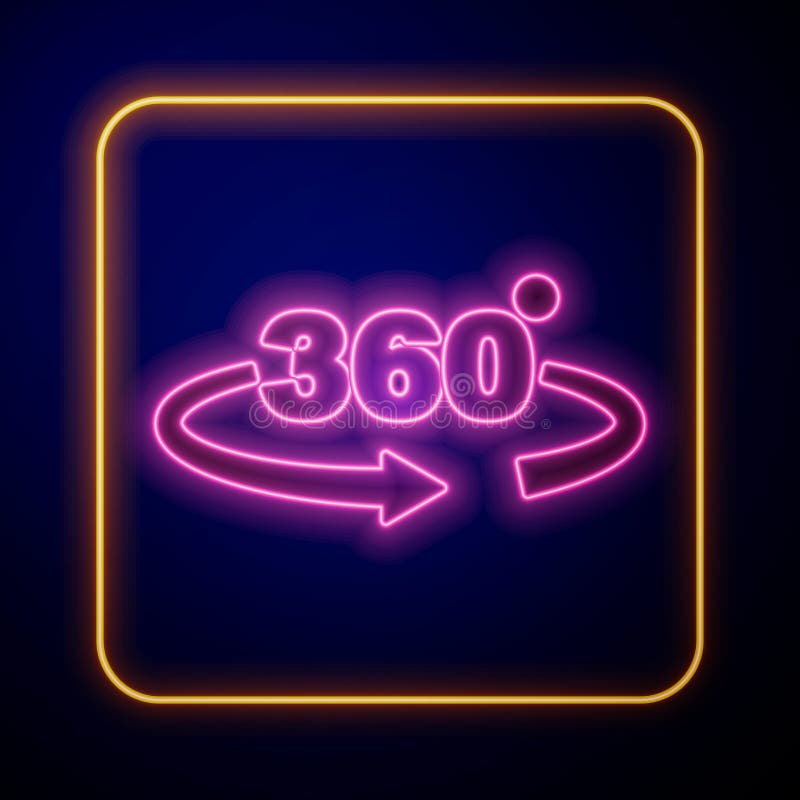 Glowing Neon 360 Degree View Icon Isolated on Black Background. Virtual ...