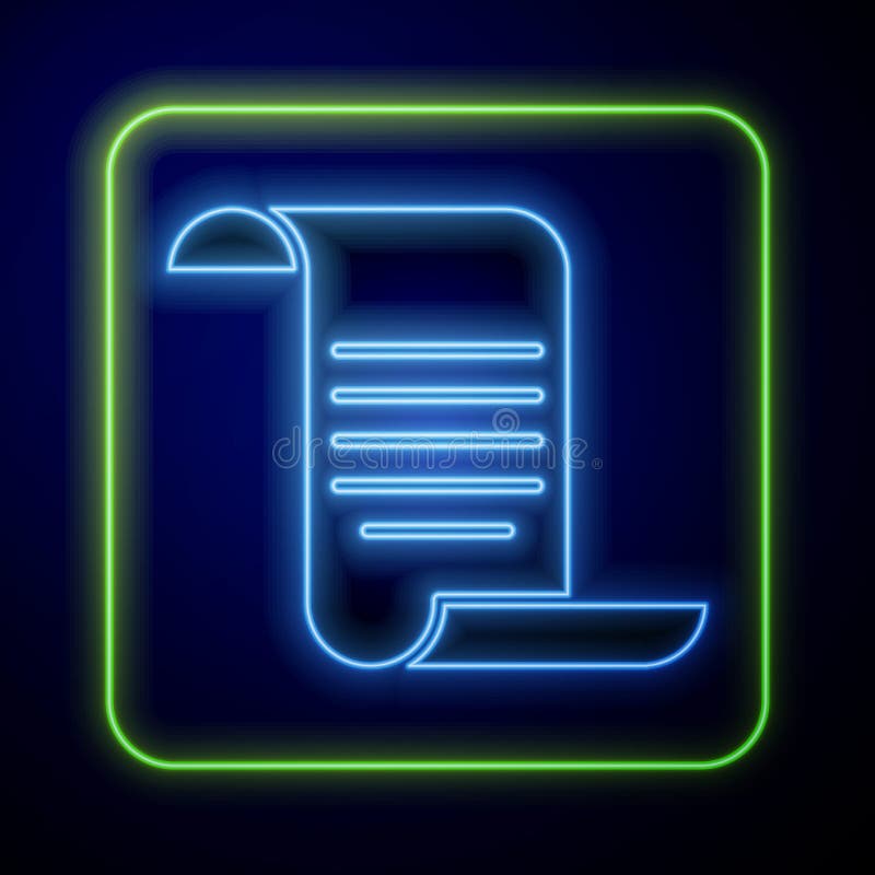 Glowing Neon Document with Shield Icon Isolated on Blue Background ...