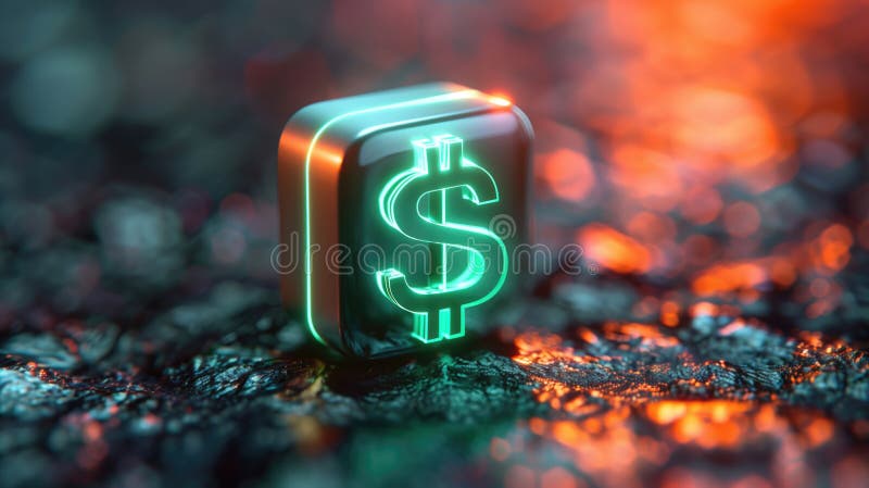 Glowing Neon Dollar Sign on Reflective Surface with Warm Bokeh Lights ...
