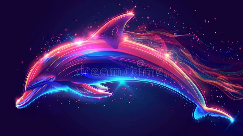 A Glowing Neon Dolphin Leaps through the Dark, Leaving a Trail of ...