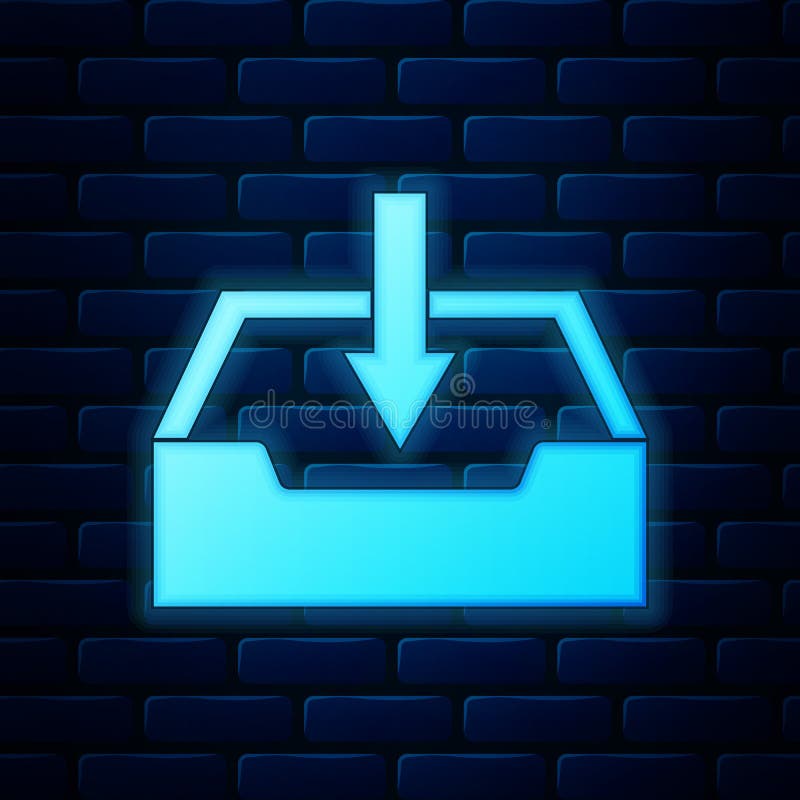Glowing Neon Download Inbox Icon Isolated on Brick Wall Background ...