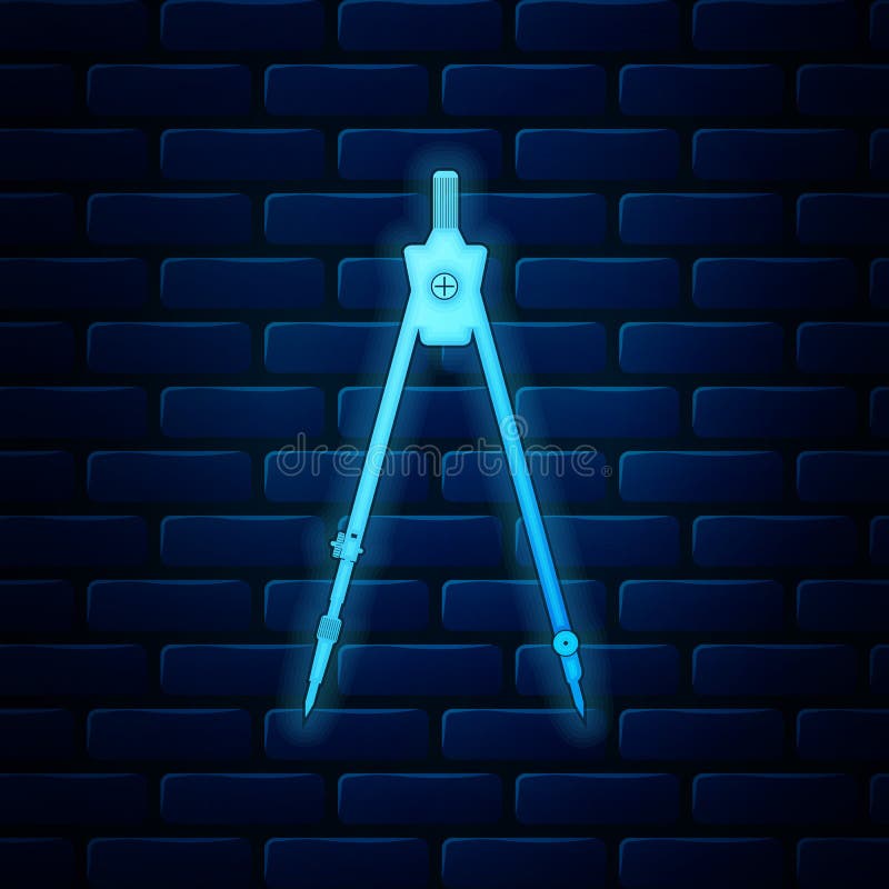 Glowing Neon Drawing Compass Icon Isolated on Brick Wall Background ...