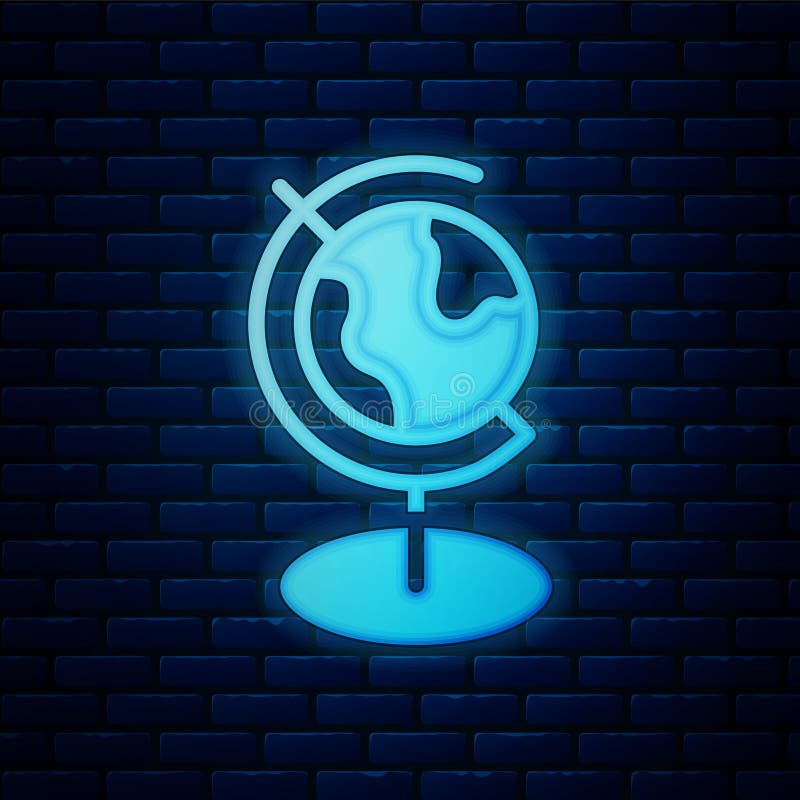 Glowing Neon Earth Globe Icon Isolated on Brick Wall Background. Vector ...