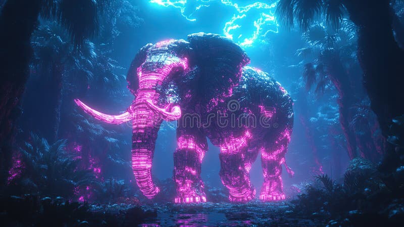 Glowing Neon Elephant in Tropical Rainforest at Night Stock ...