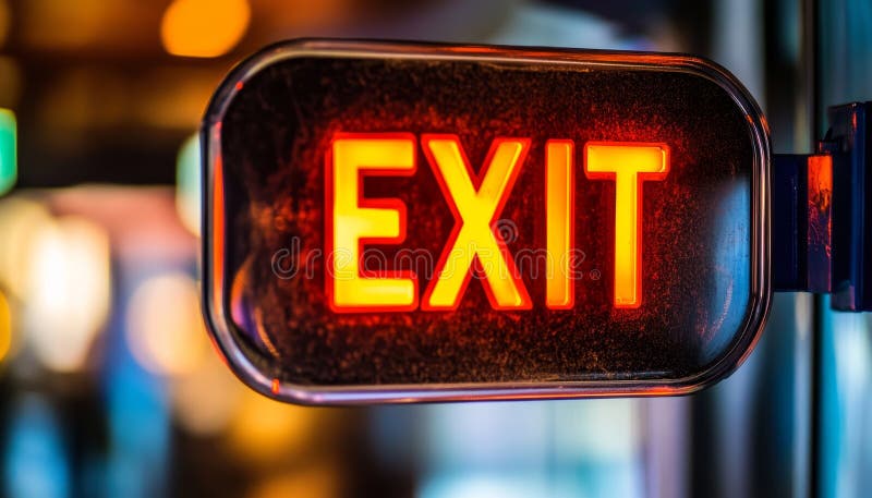 Glowing Neon EXIT Sign, Providing Evacuation Safety in a Blurred Public ...
