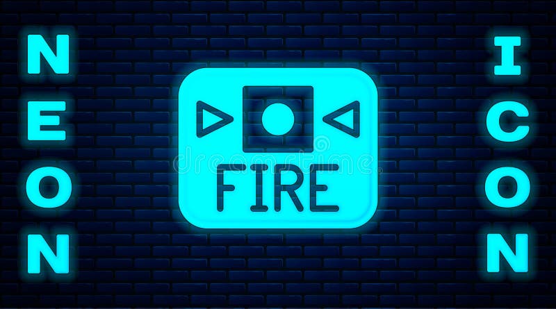 Glowing Neon Fire Alarm System Icon Isolated on Brick Wall Background ...