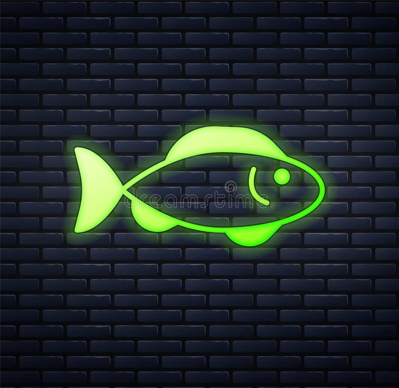 Glowing Neon Fish Icon Isolated on Brick Wall Background. Vector Stock ...