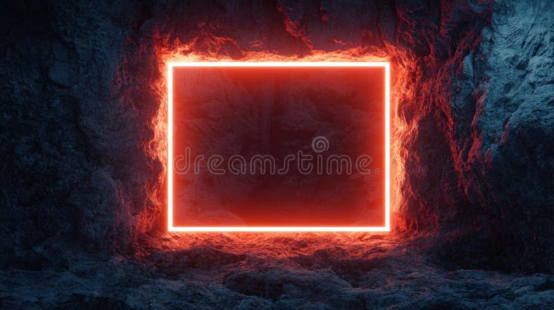 Glowing Neon Frame in a Dark Cave with Broken Rectangle Shape and ...