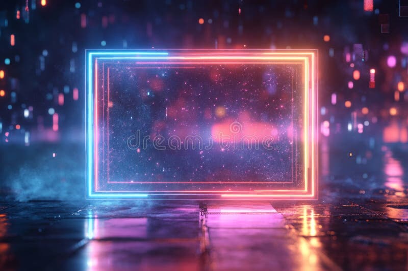 Glowing Neon Frame Illuminating Cosmic Dust Particles in Futuristic ...