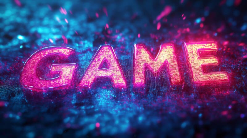 Glowing Neon Game Text with Blue Pink Particles Stock Illustration ...