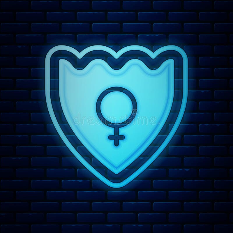 Glowing Neon Gender Shield Female Icon Isolated On Brick Wall
