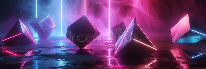 Glowing Neon Geometric Shapes Floating in a Dark Void, Emitting Vibrant ...