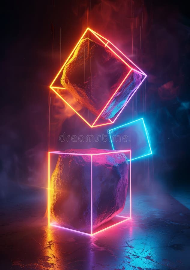 Glowing Neon Geometric Shapes Floating in a Dark Void, Emitting Vibrant ...