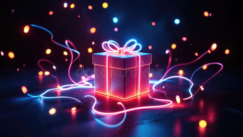 Glowing Neon Gift Box with Bright Festive Lights in Dark Setting Stock ...