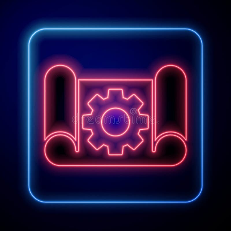 Glowing Neon Graphing Paper for Engineering and Gear Icon Isolated on ...