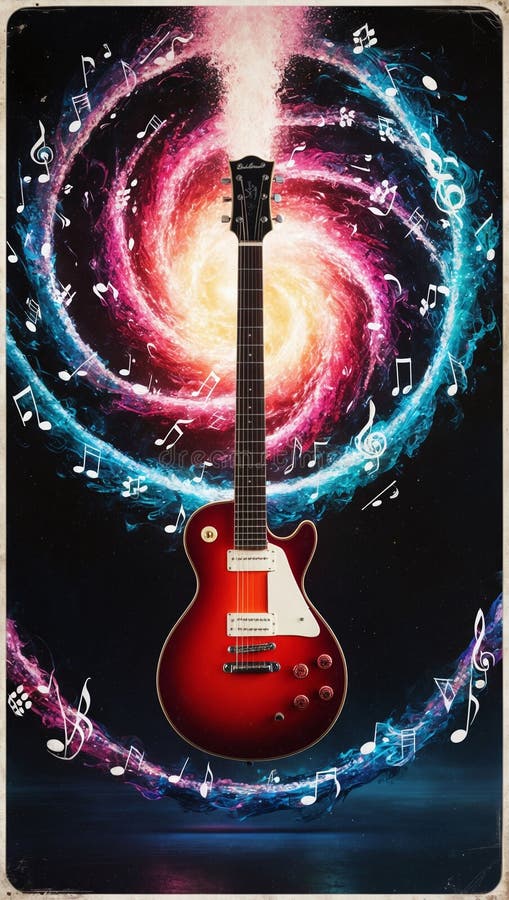 Glowing Neon Guitar Floating in Space with Musical Notes Swirling ...