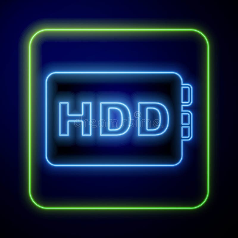 Glowing Neon Hard Disk Drive HDD Icon Isolated on Blue Background ...