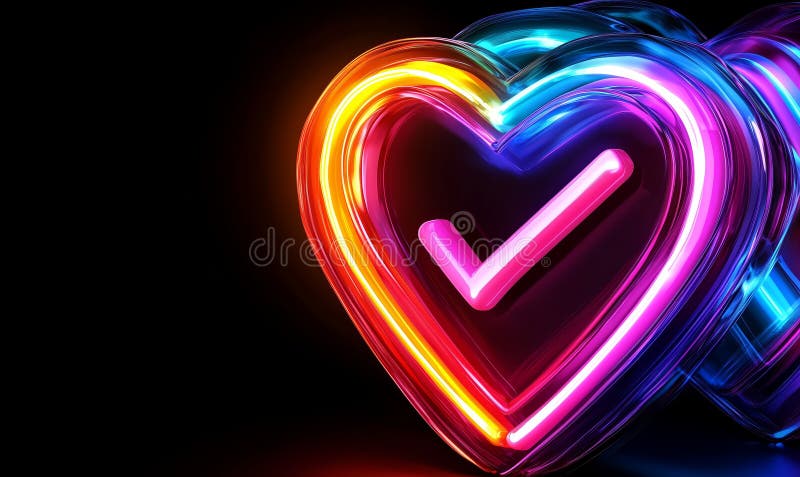 Glowing Neon Heart with a Check Mark Symbol on a Dark Background Stock ...