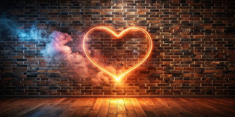Glowing Neon Heart Shape on Brick Wall with Smoky Atmosphere ...