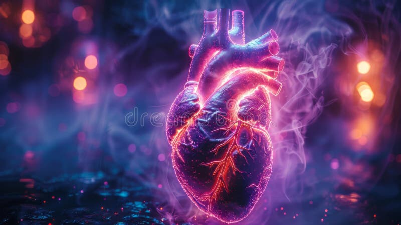 Glowing Neon Heart with Veins in Surreal Environment Stock Image ...