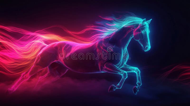 Glowing Neon Horse Running through Dark Night Stock Illustration ...