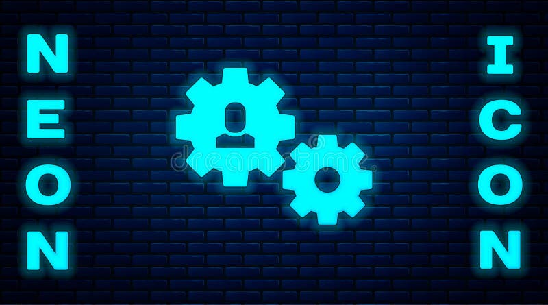 Glowing Neon Human with Gear Icon Isolated on Brick Wall Background ...