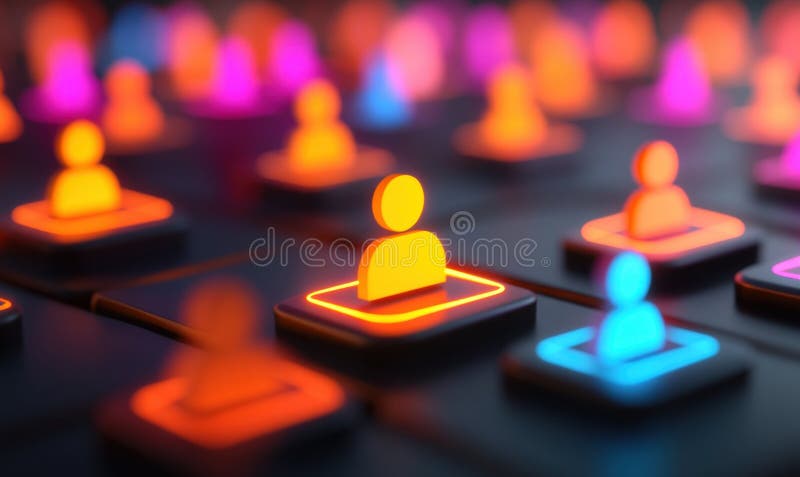 Glowing Neon Human Icons on Digital Grid Stock Illustration ...