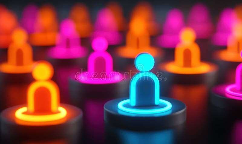 Glowing Neon Human Icons on Digital Grid Stock Illustration ...