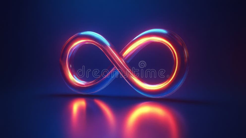 Glowing Neon Infinity Symbol on a Vibrant Blue Background. Stock Photo ...