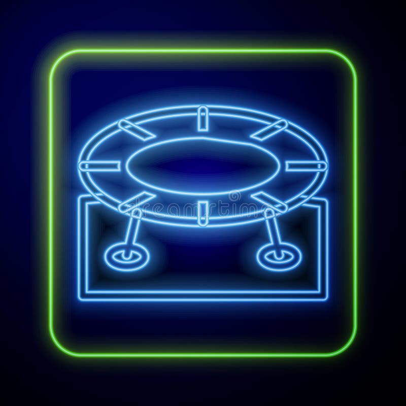 Glowing Neon Jumping Trampoline Icon Isolated on Blue Background ...